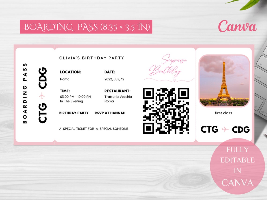 Editable Boarding Pass Template, Printable Boarding Ticket, Canva ...