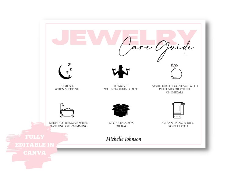 Jewelry Care Card Template With Instruction Icons - Editable Care Card ...