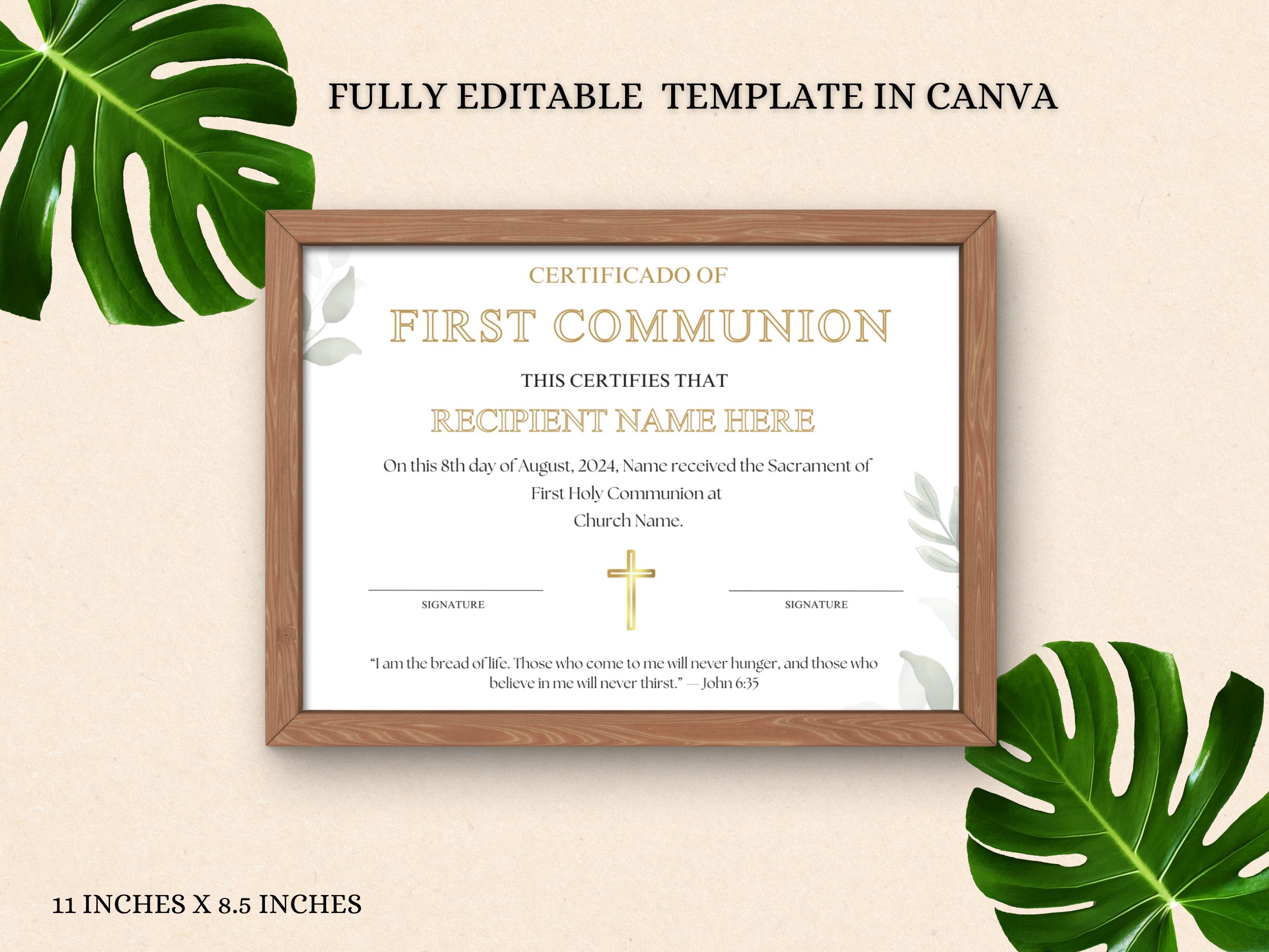 First Communion Certificate Template | Editable First Holy Communion ...