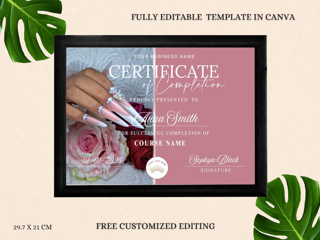 Nail Technician Certificate Template – Editable Nail Course Diploma ...