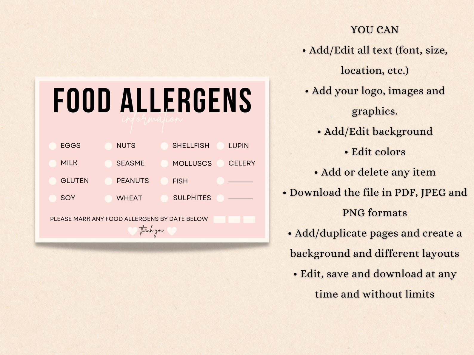 Editable Food Allergens Card Template| Customizable Printable Allergen ...