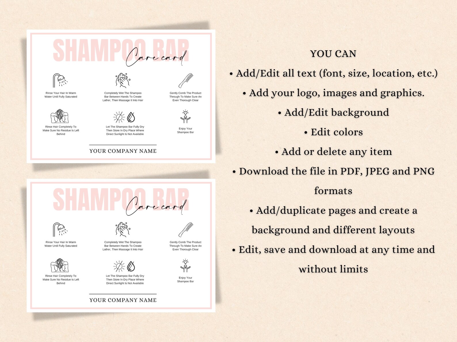 Editable Shampoo Care Card Template | Printable Hair Care Instructions ...