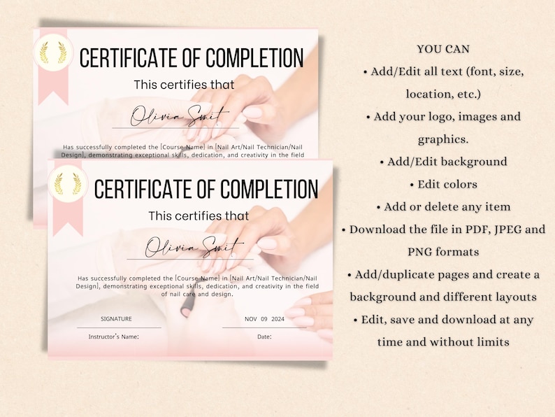 Nail Art Certificate of Completion Template | Editable Canva ...