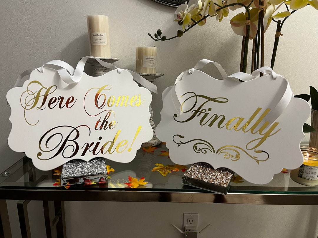 Double Sided Gold Wedding Signs, Here Comes the Bride, Welcome Sign ...