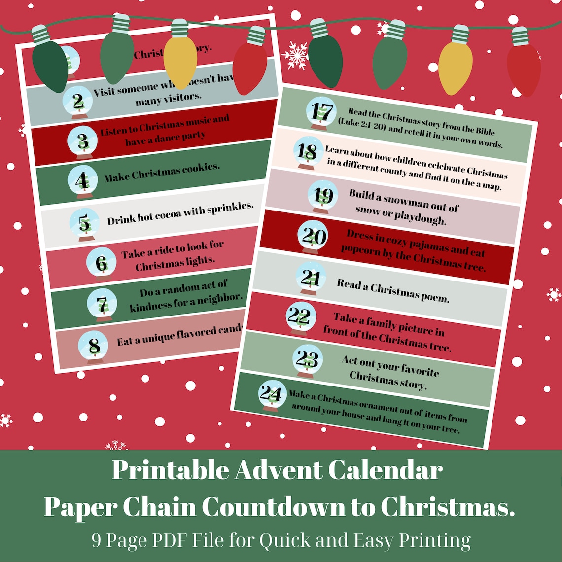 Countdown to Christmas Advent Calendar Paper Chain PDF Printable - Etsy