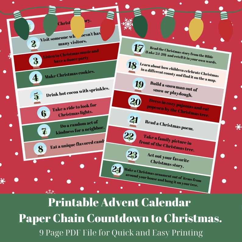 Countdown to Christmas Advent Calendar Paper Chain PDF Printable - Etsy