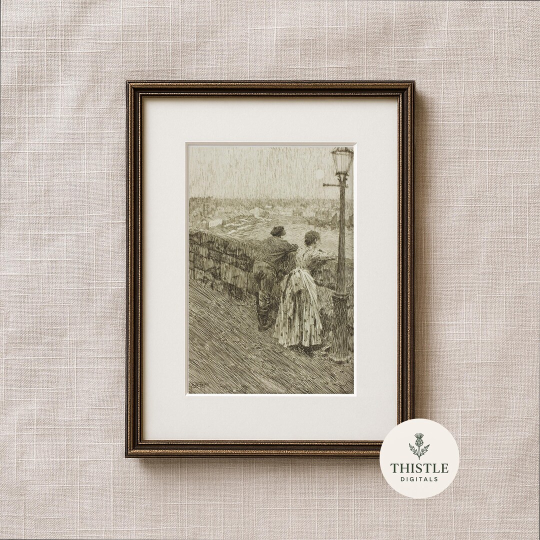 Antique Seaside Etching Print: Two People by the Ocean (digital ...