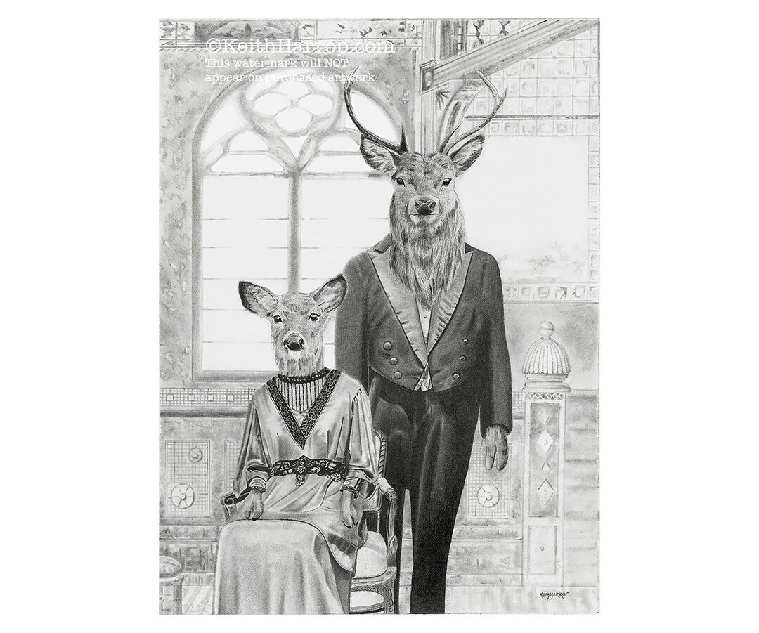 Stag and Doe. Signed Pencil Art Print. #24 Victorian Animal Art From ...