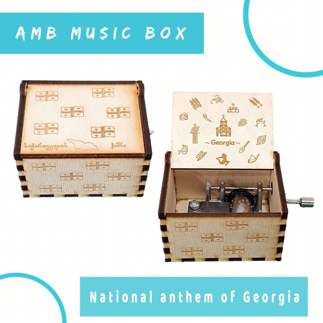 Georgian Anthem Music Box • Hand Crank • Flag, Map & Landmark Engraving ...