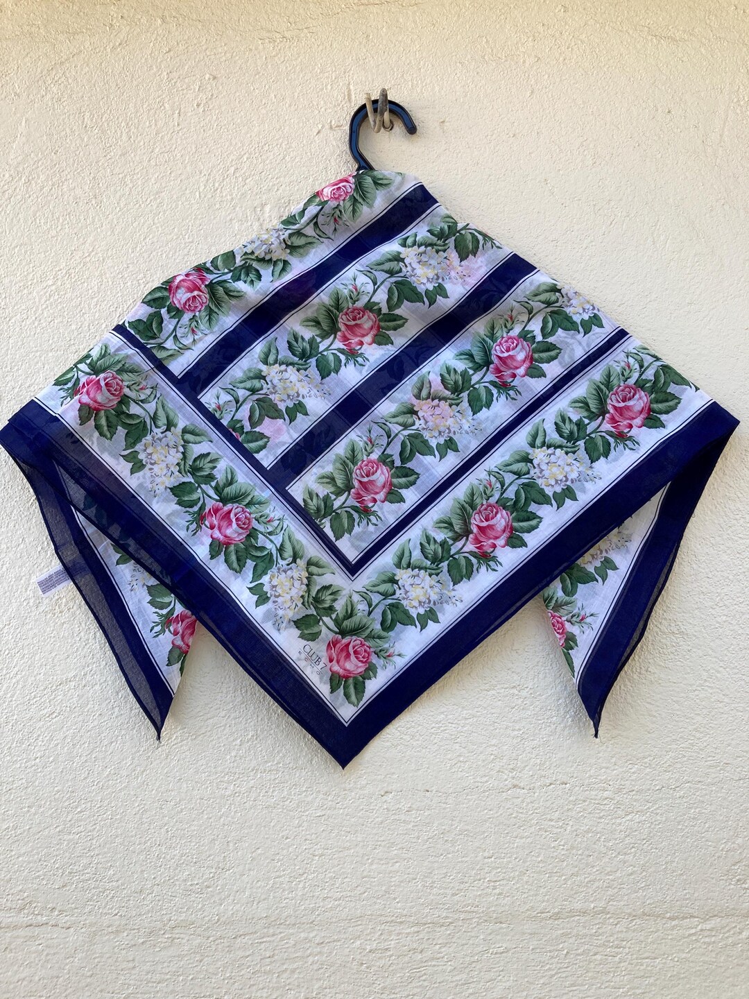 Club 7 Echo / 30 Inch Vintage Cotton Square Scarf / Floral Peony Navy ...