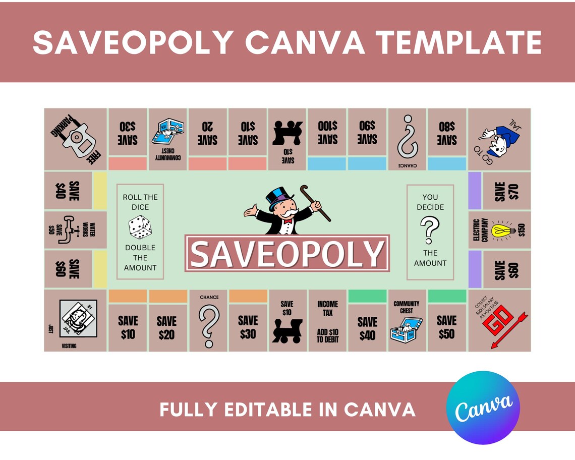 Saveopoly Canva Template | Savings Challenge, Budget Tracker (digital ...