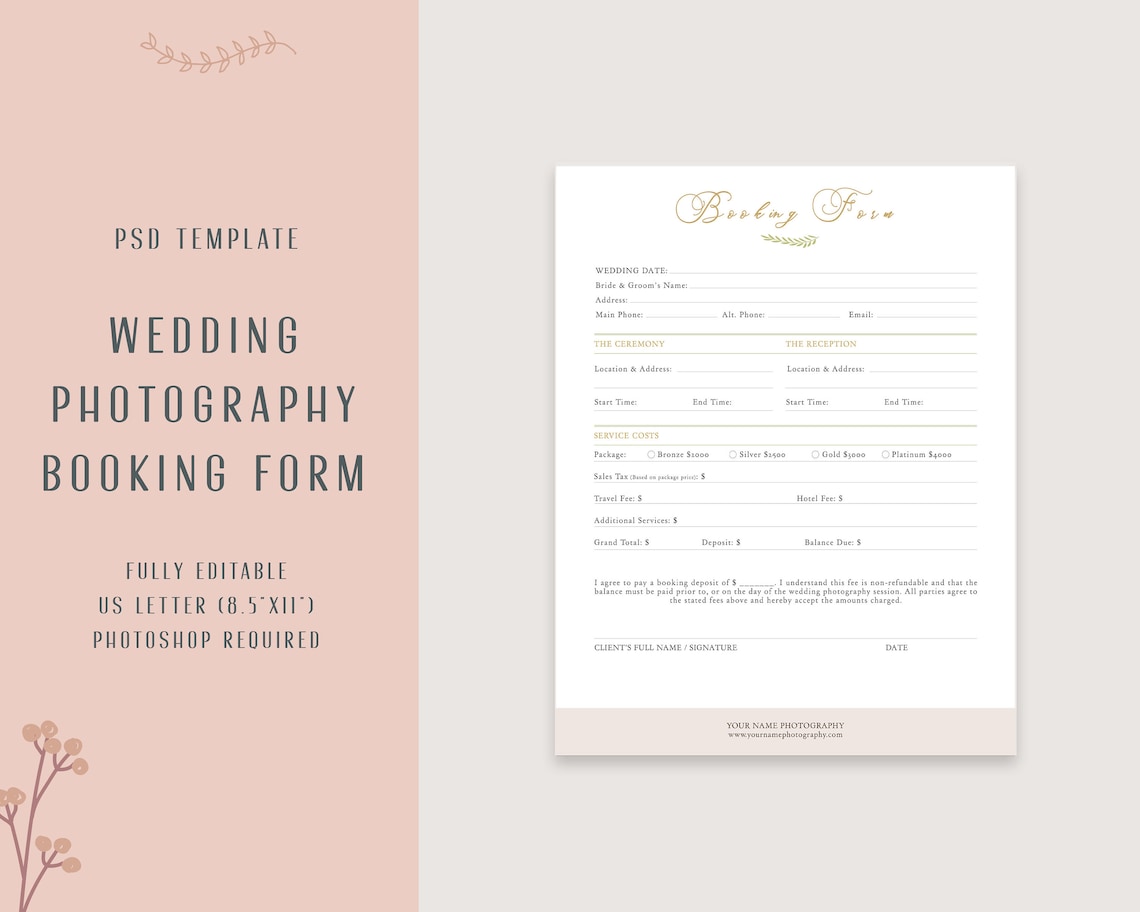 Client Booking Form Contract for Photographers, Wedding Photography ...