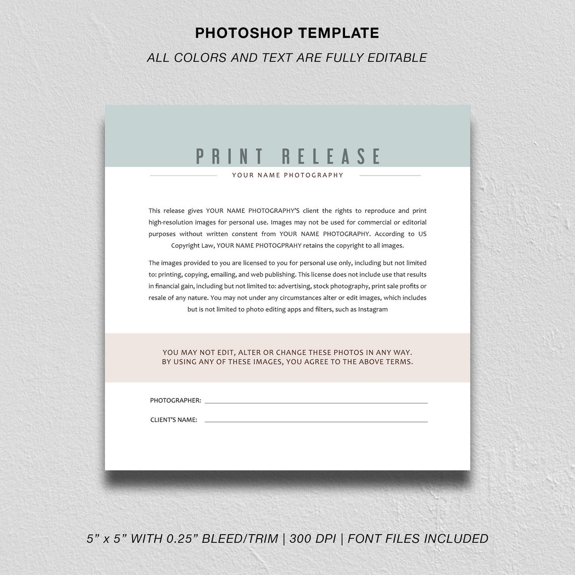 Print Release for Photographer, Print Release Form, Photography Release ...