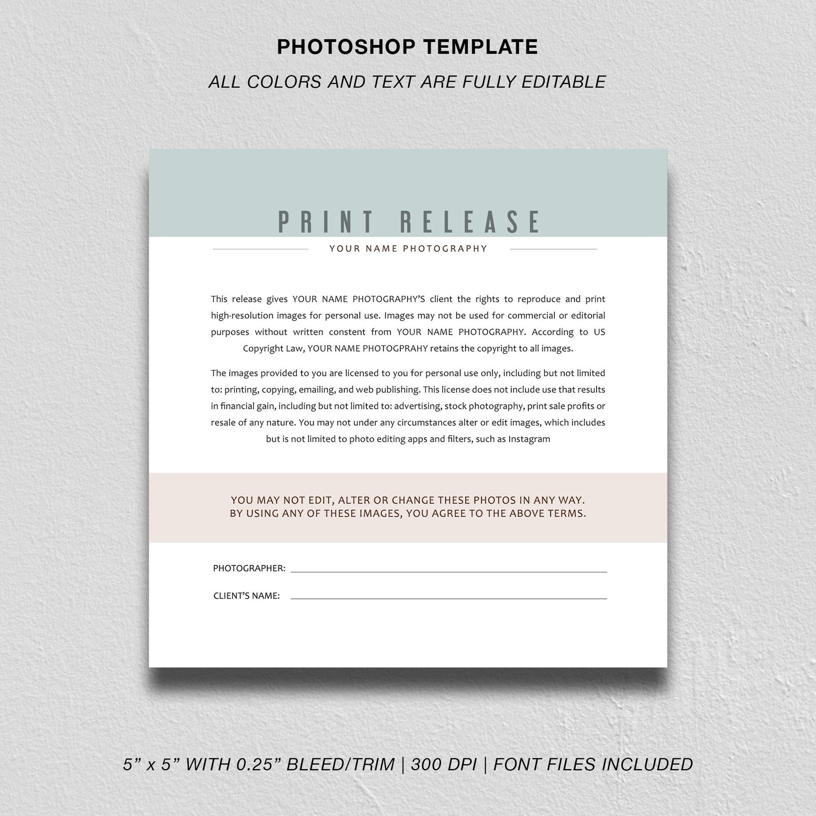 Print Release for Photographer, Print Release Form, Photography Release ...