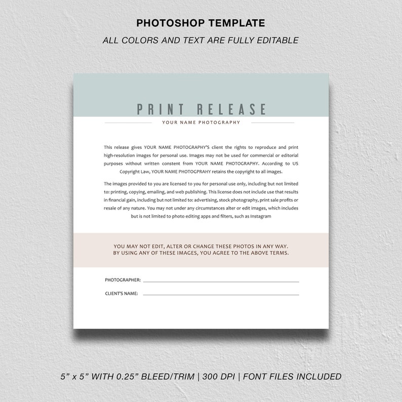 Print Release for Photographer, Print Release Form, Photography Release ...