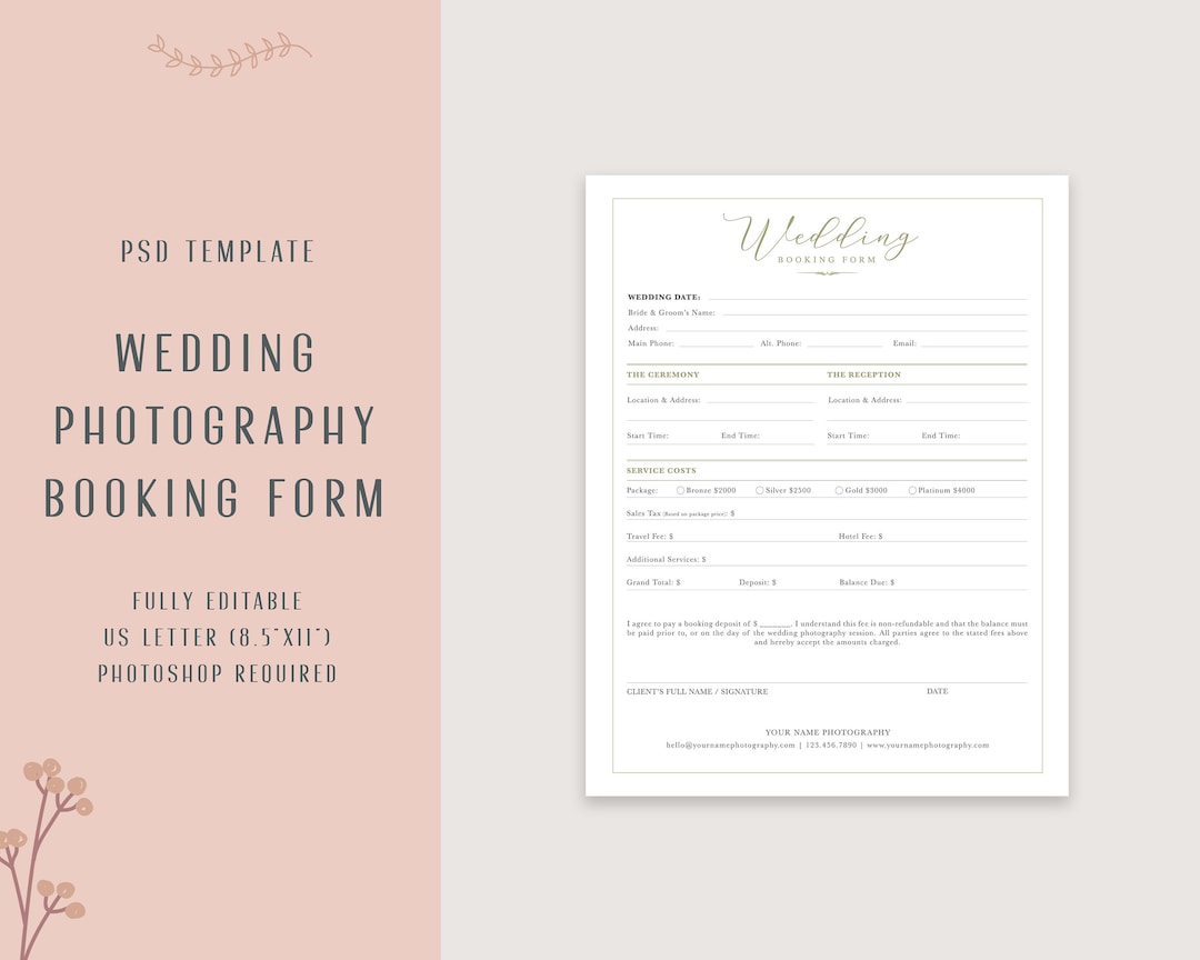 Client Booking Form Contract for Photographers, Wedding Photography ...
