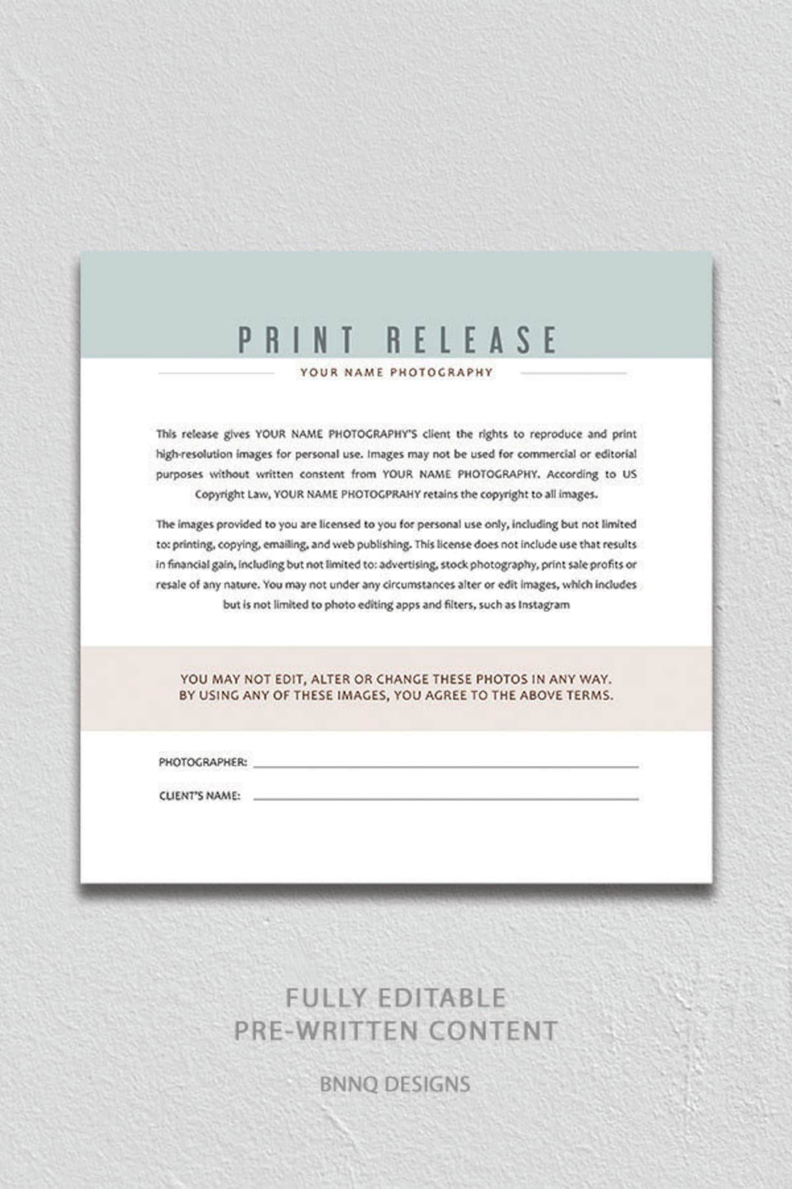 Print Release for Photographer, Print Release Form, Photography Release ...
