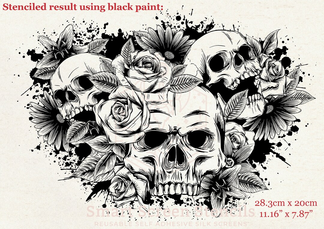 Skull and Roses Stencil, Reusable Silkscreen, Screen Printing Stencil ...