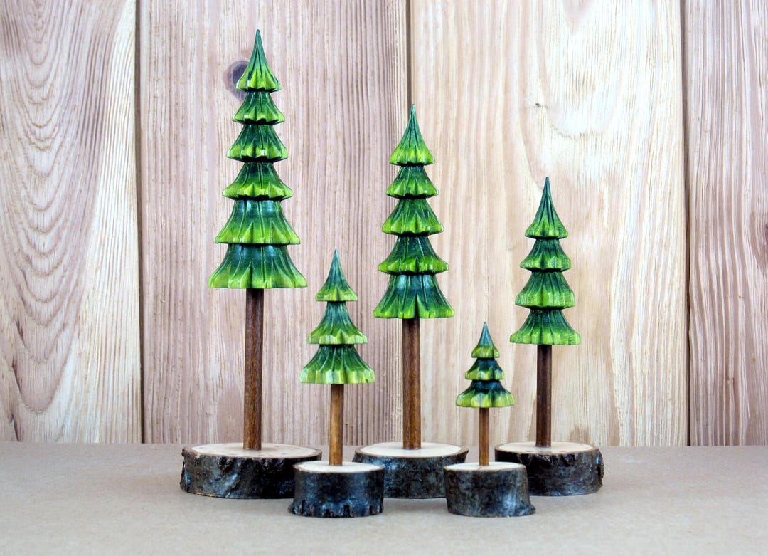 Handcrafted Wooden Pine Trees Set of 5 – Forest Green Rustic Christmas ...