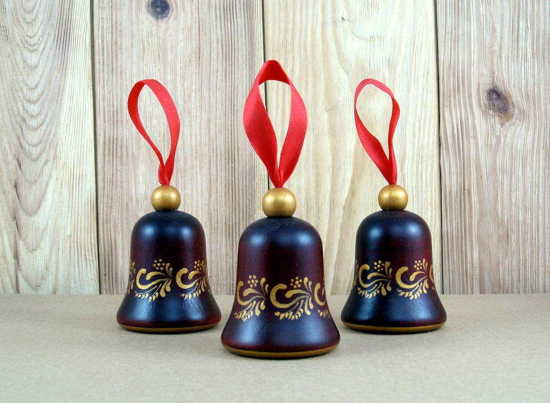 Set of Three Large Red Wooden Bells, Santa Bells, Winter Decor ...