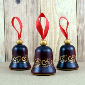 Set of Three Large Red Wooden Bells, Santa Bells, Winter Decor ...
