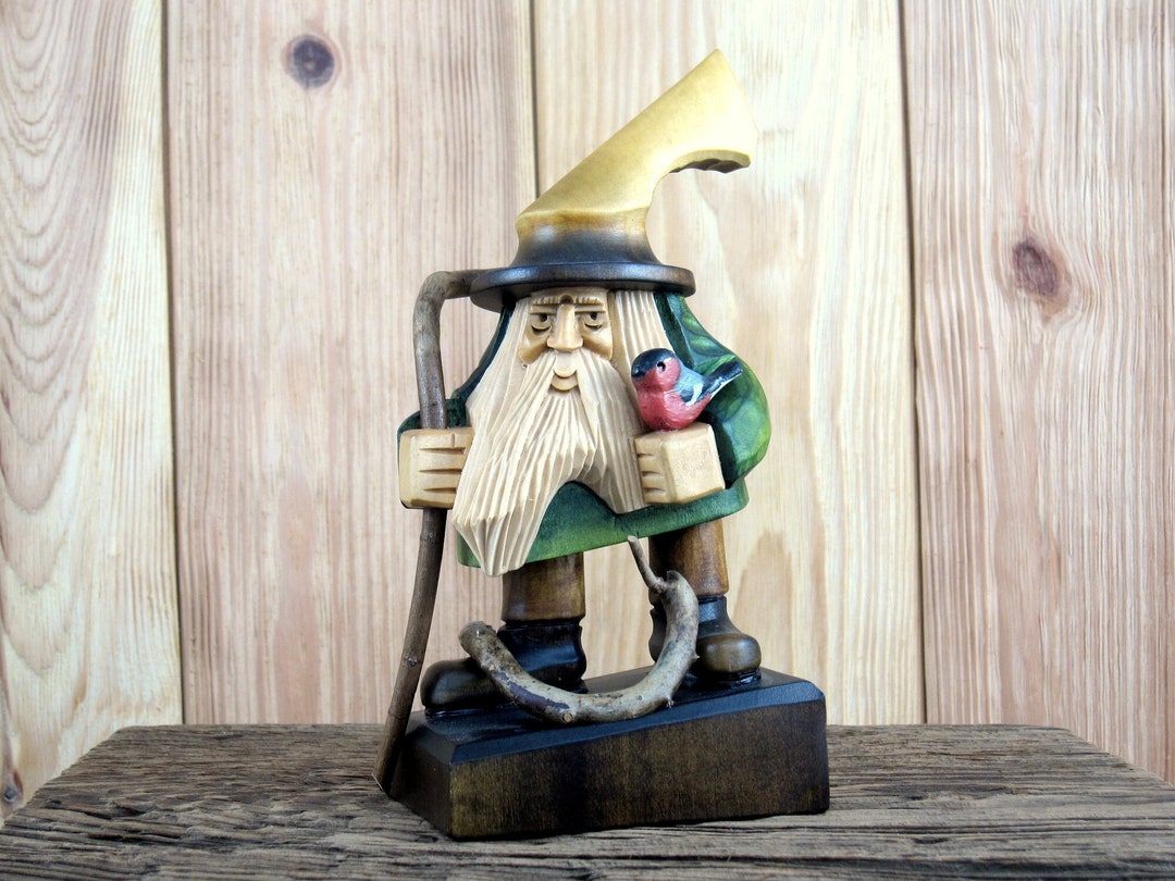 Wood Carved Dwarf With a Bird, Hand Carved Figurine, Craft Wood, Wooden ...