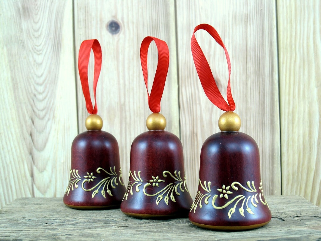Set of Three Large Red Wooden Bells Santa Bells Winter - Etsy