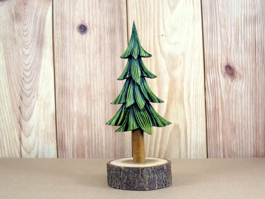 Hand Carved Green Pine Tree, Wood Carve Christmas Tree, Handmade Wooden ...