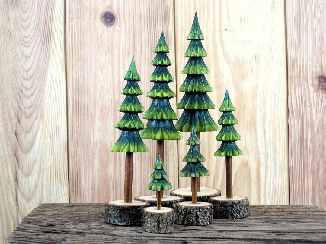 Six Wooden Green Pine Trees, Handmade Christmas Trees, Wooden Christmas ...