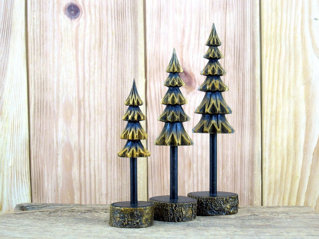 Three Gold-plated Black Pine Trees, Handmade Wooden Christmas Trees ...