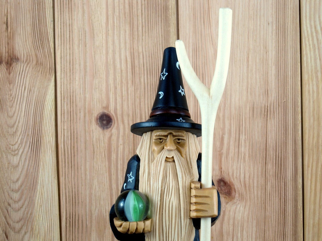 Carved Wizard With Stick and Glass Ball Halloween Wood - Etsy
