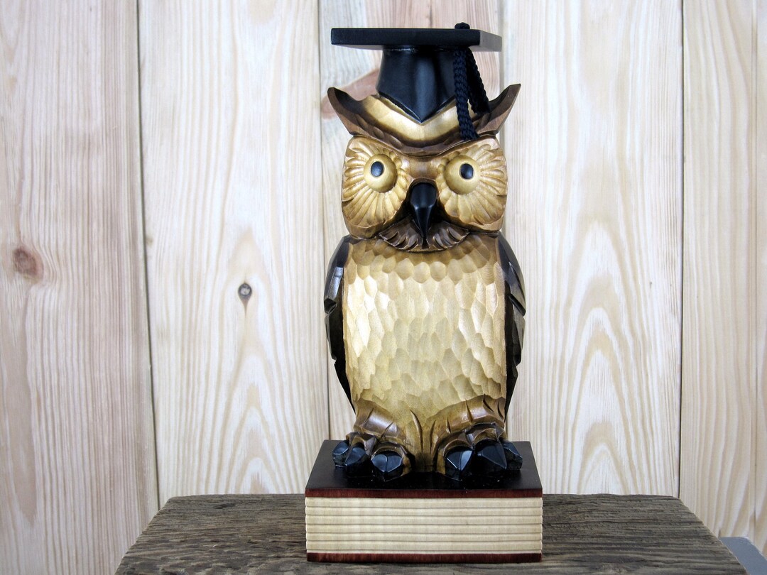 Carved Owl on the Book With Graduation Cap, Owl Gift Figurine, Wooden ...