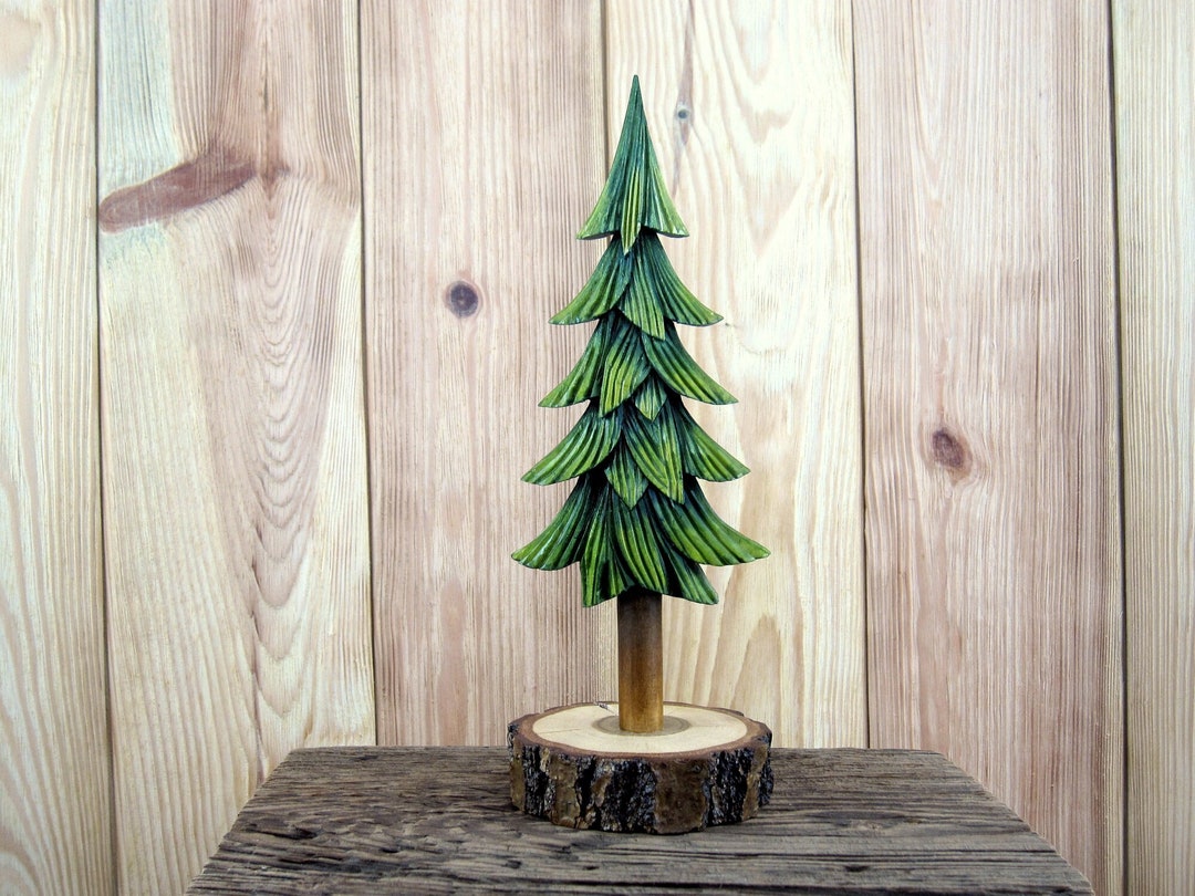 Carved Green Pine Tree, Wood Carve Christmas Tree, Handmade Wooden ...