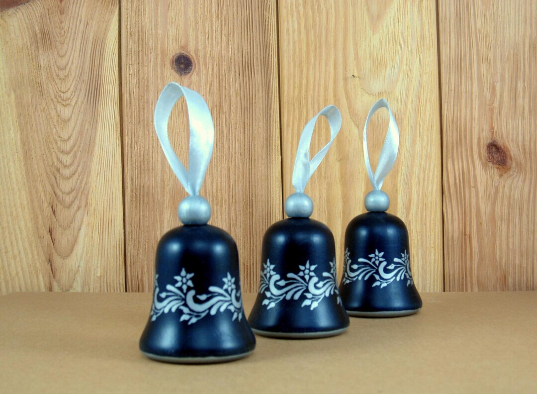 Rustic Wooden Blue Bells Set - 3 Hand-painted Decor, Santa Bells ...