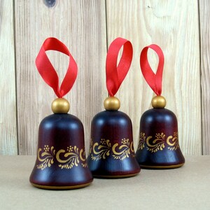 Set of Three Large Red Wooden Bells, Santa Bells, Winter Decor ...
