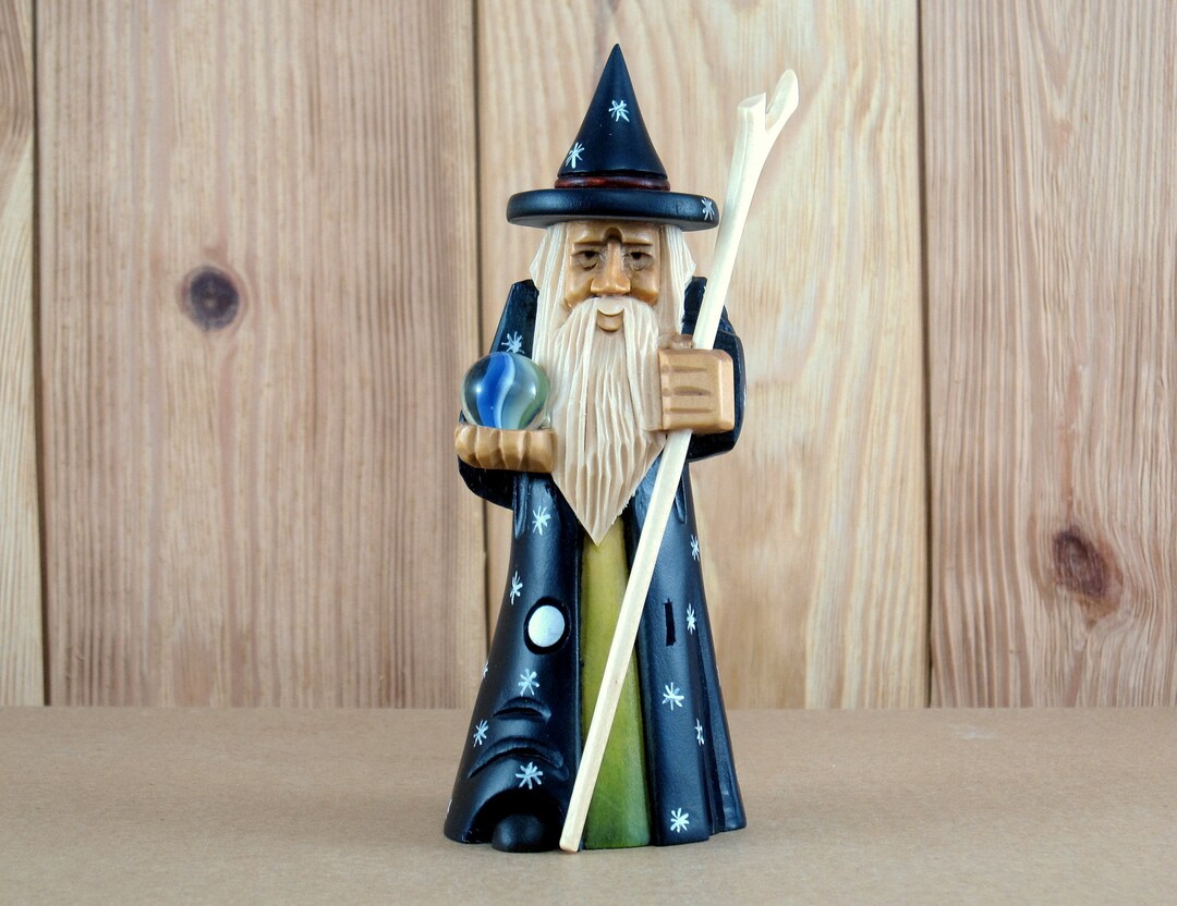 Magical Wooden Wizard Figurine With Crystal Ball - Halloween Decor - Etsy