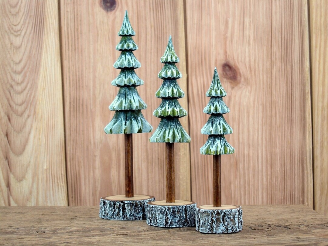 Set of Three White Green Pine Trees, Wooden Table Top Christmas Trees ...