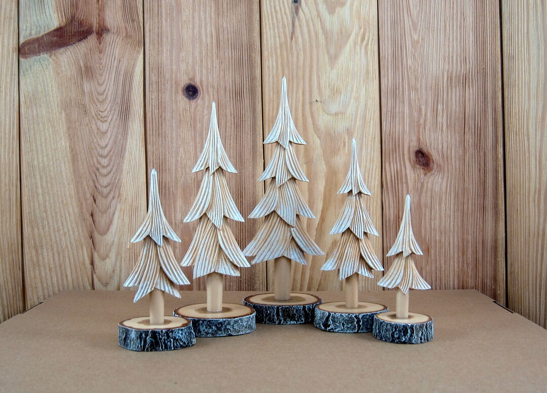Hand Carved Five Delicatly White Pine Trees, Handmade Wooden Christmas ...