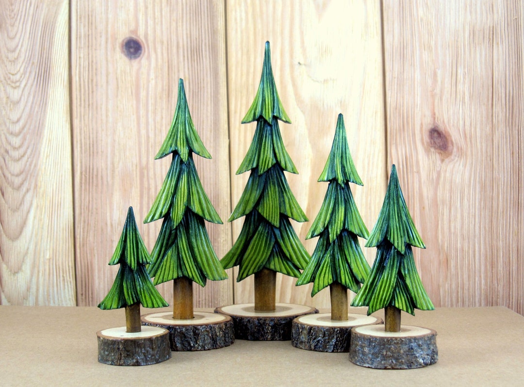 Hand Carved Wooden Pine Tree Set: Green Home Decor - Etsy