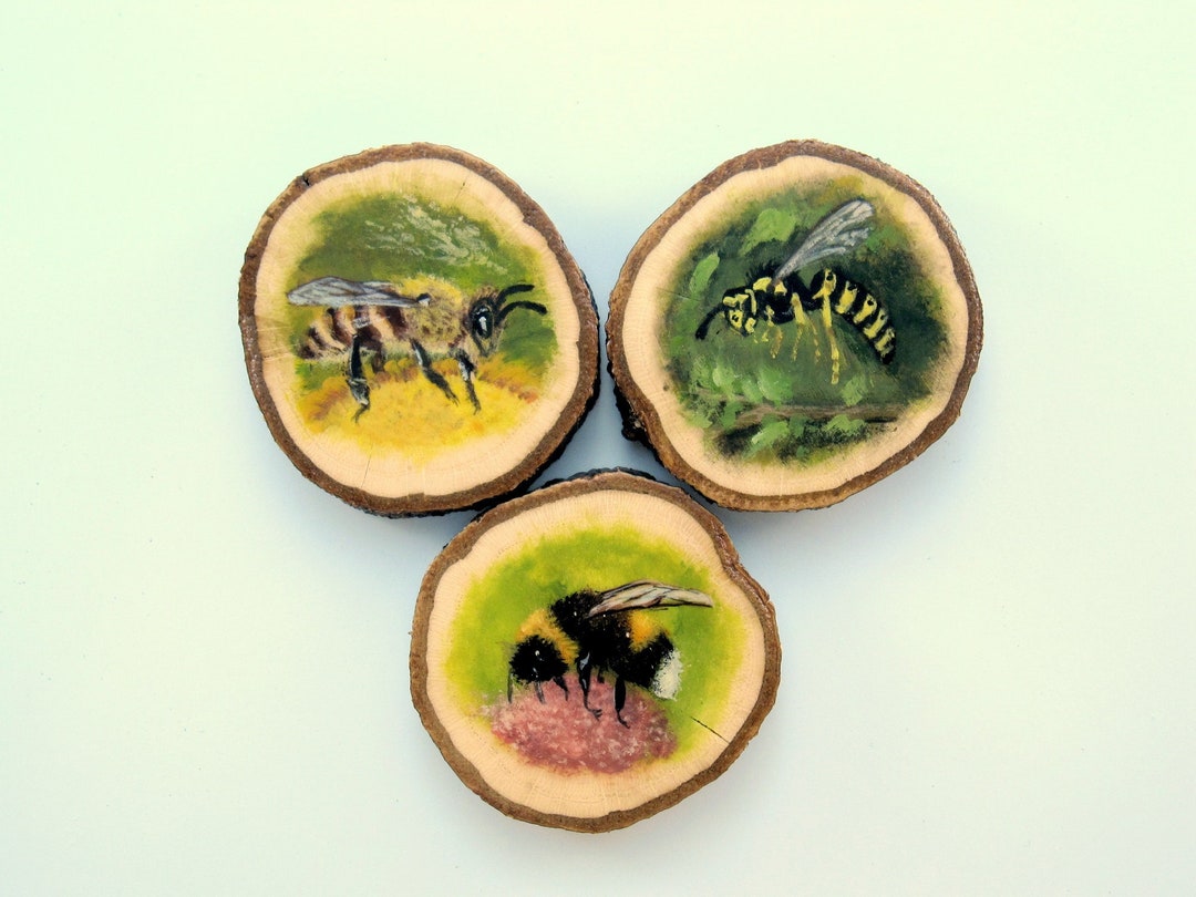 Hand-painted Bee & Wasp Wood Slice Magnets: Kitchen Decor Set - Etsy