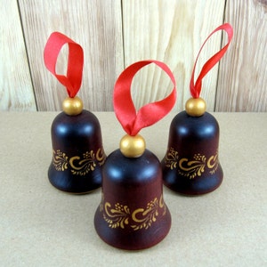 Set of Three Large Red Wooden Bells, Santa Bells, Winter Decor ...