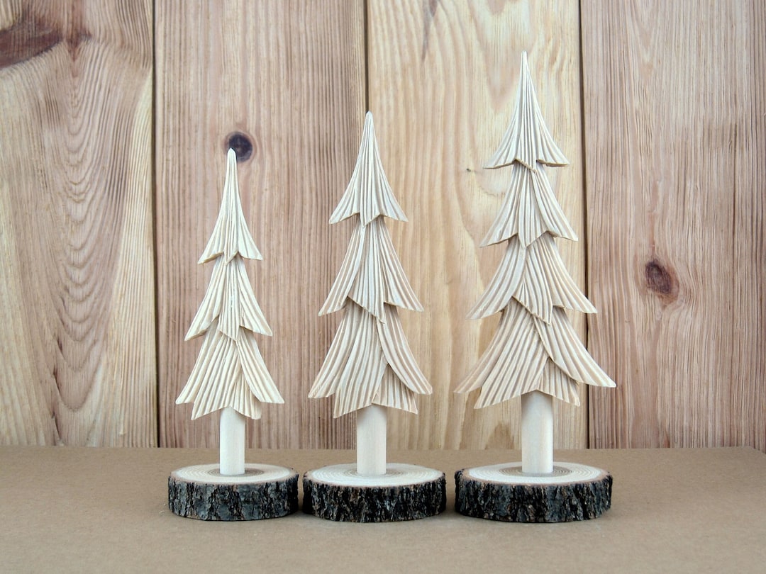 Three Unfinished Wooden Pine Trees, Handmade Wood Carved Trees, Wooden ...