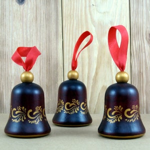 Set of Three Large Red Wooden Bells, Santa Bells, Winter Decor ...
