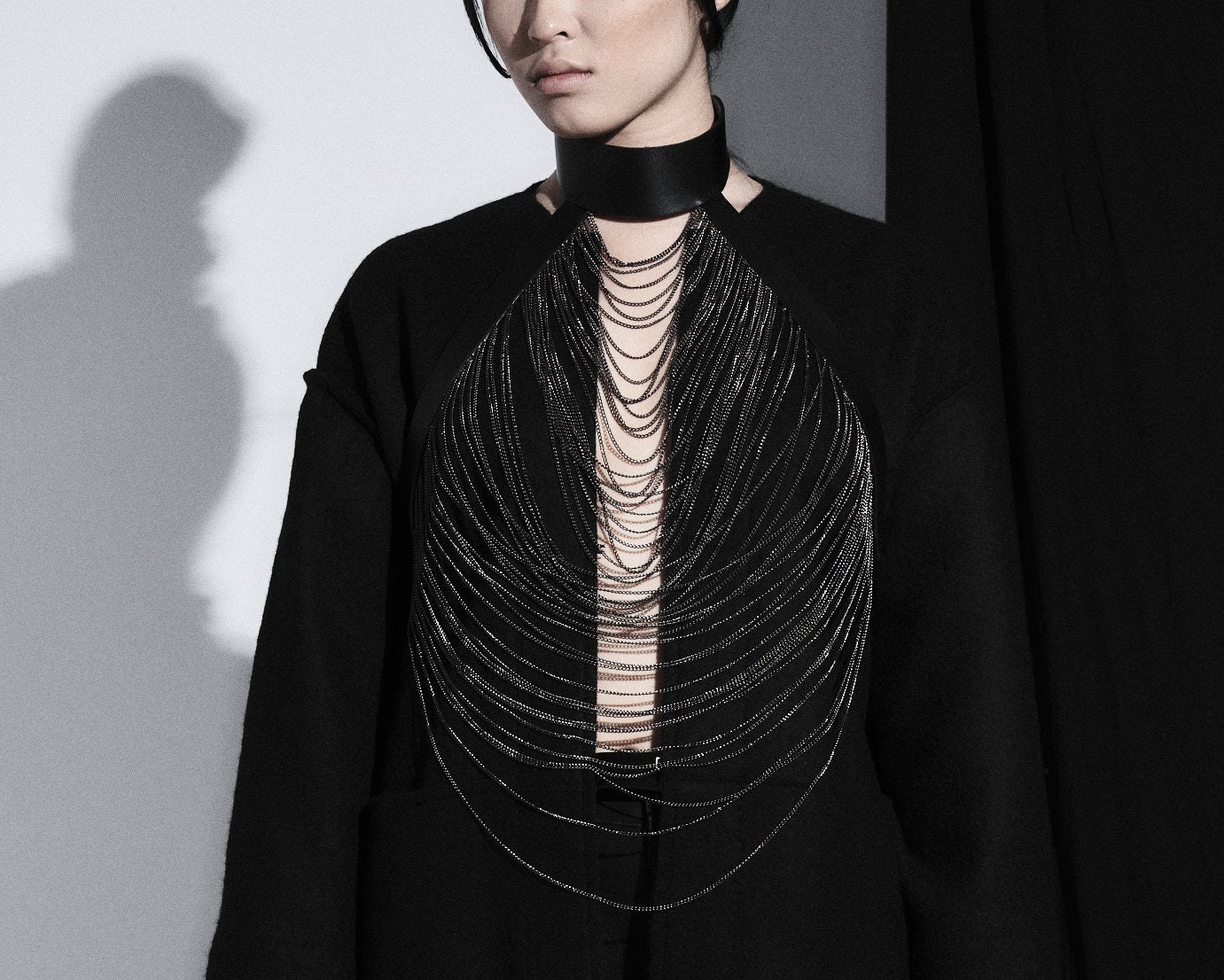 Black Leather Harness, Chain Body Harness, Luxury Multi-layered Chain ...