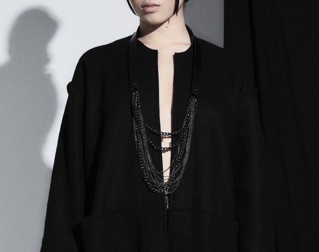 Long Leather Chain Necklace for Women, Black Leather Chain Necklace ...