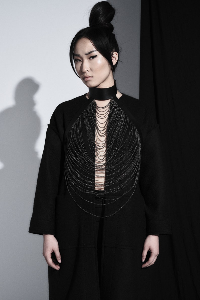 Black Leather Harness, Chain Body Harness, Luxury Multi-layered Chain ...