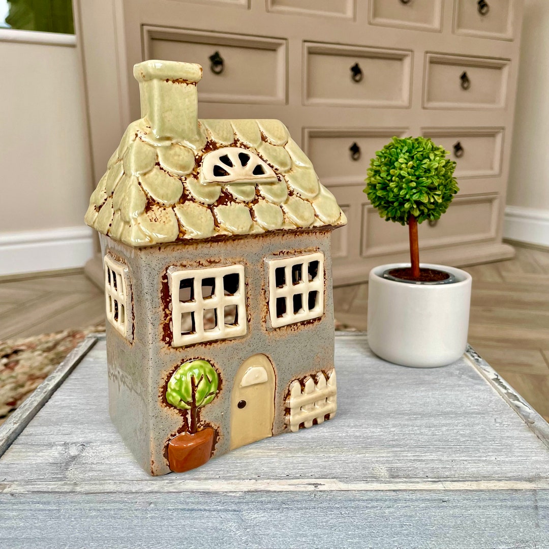 Grey Ceramic Cottage House Tea Light Holder Ornament - Etsy