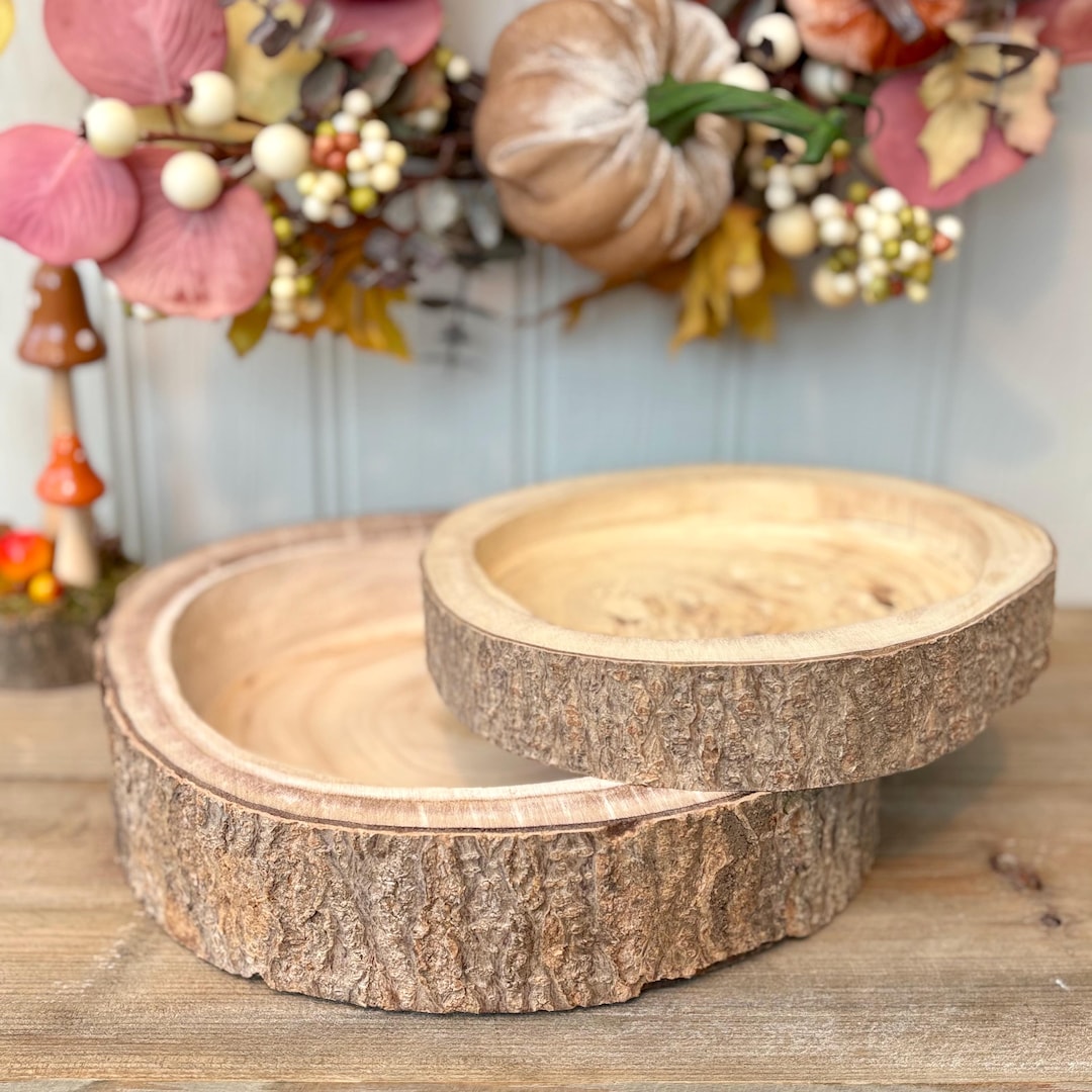 Wooden Log Slice Display Stands | Rustic Log Slice Bowl | Natural Wood ...