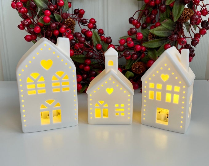 White Glazed Ceramic LED Heart House Ornaments - Etsy