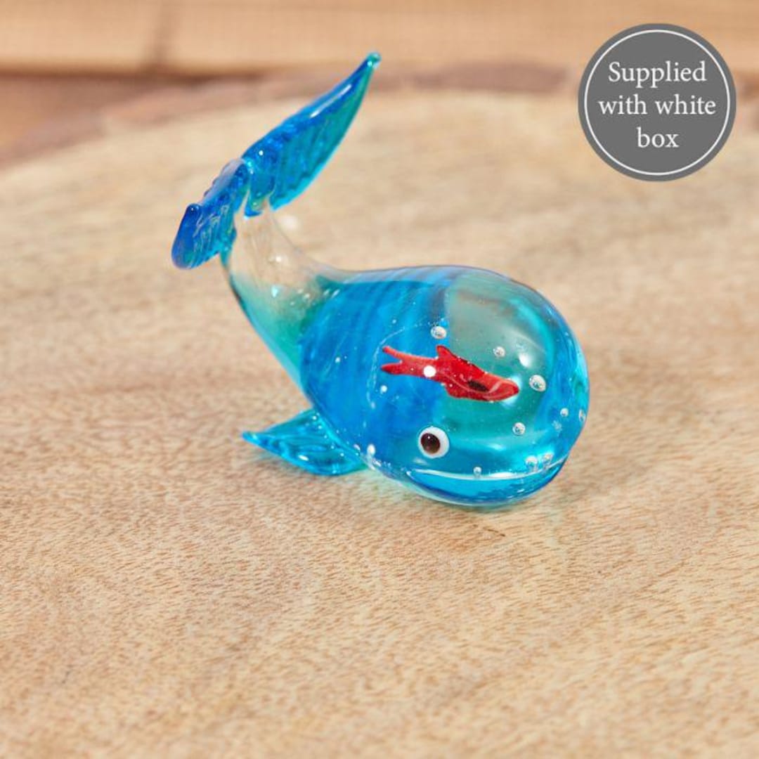 Miniature Glass Whale With Fish Figurine Collectable Ornament With Box ...
